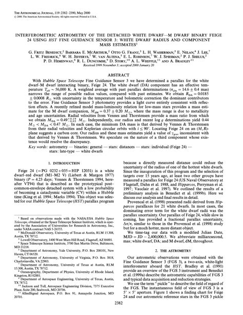 Pdf Interferometric Astrometry Of The Detached White Dwarf M Dwarf Binary Feige 24 Using Hst