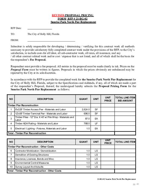 Fillable Online Revised Proposal Pricing Form Rfp 21 Bg 02 Sunrise Fax Email Print Pdffiller