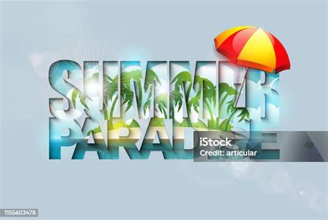 깨끗 한 배경에 타이포 그래피 문자를 절단에 낙원 섬과 열 대 야자수와 여름 휴가 그림 배너 전단지 초대장 브로셔 포스터 또는 인사말 카드에 대 한 바다 풍경과 차양으로