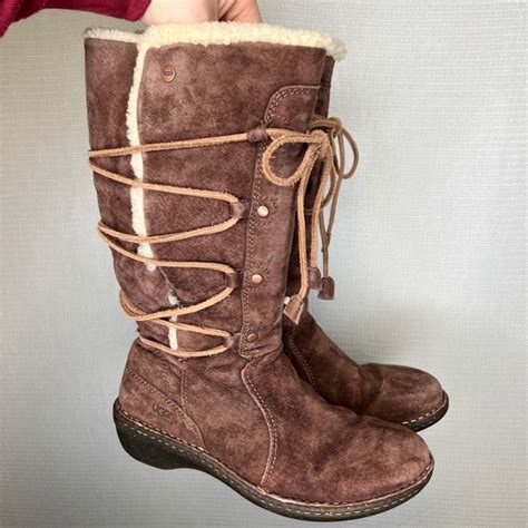 Ugg Shoes Ugg Australia Sunburst Tall Chocolate Brown Suede Shearling Lace Up Boots Womens
