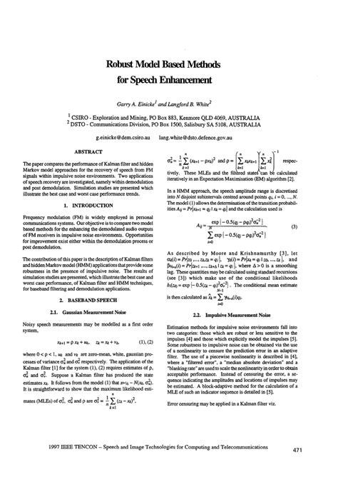 Pdf Robust Model Based Methods For Speech Enhancement