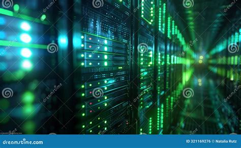 High Tech Server Room With Rows Of Illuminated Server Racks In Green