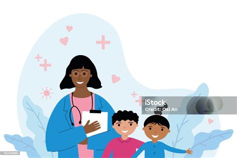 어린이 의사 메딕 손으로 그린 벡터 일러스트 아프리카 계 미국인 소아과 의사와 고립 된 흰색 배경에 아이들 건강 관리 의학 건강 아기 아기 방문 여자 간호사에 대한 스톡