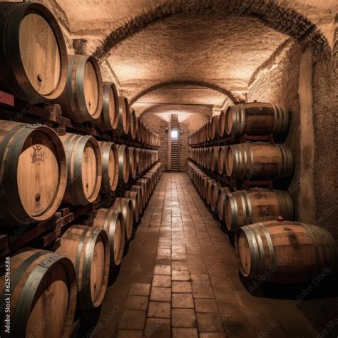 Old Wooden Barrels With Wine In The Ancient Medieval Stone Cellars