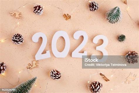 새해 복 많이 받으세요 2023 그리고 메리 크리스마스 인사말 카드 장식용 크리스마스 트리 밝은 배경에 소나무 콘과 흰색 숫자 2023의 화환 새해에 대한 스톡 사진 및