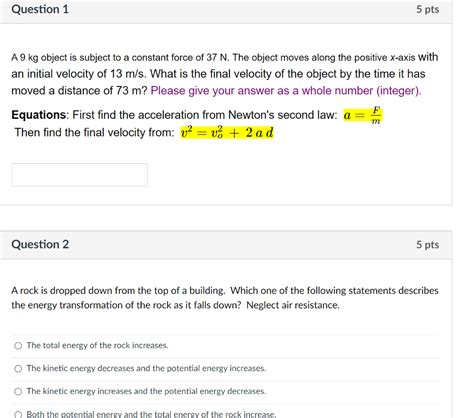 Solved Question 1 5 Pts A 9 Kg Object Is Subject To A