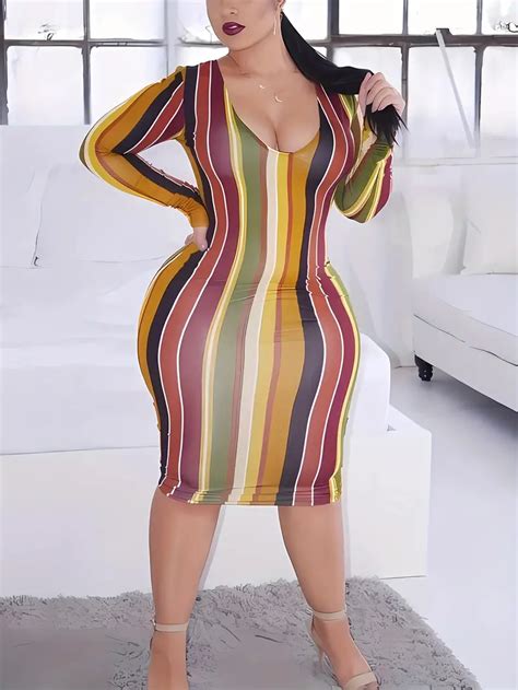 Sexy Dress Plus Size Women S Plus Striped Long Sleeve V Neck Temu Canada