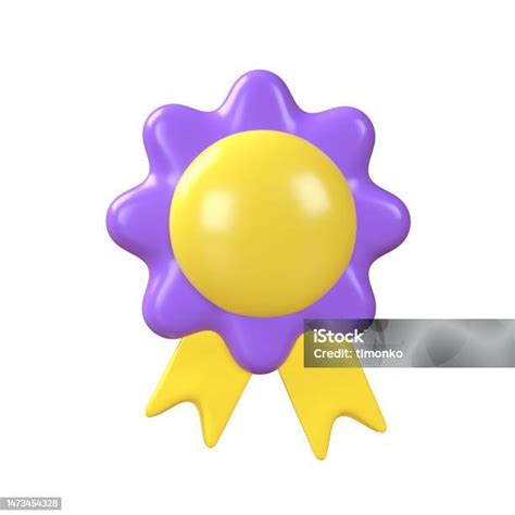 3d 우승자 보라색 메달과 노란 리본 보상 그림 아이콘은 클리핑 경로가 있는 흰색 배경에 격리되어 렌더링됩니다 만화 최소한의 스타일 프리미엄 품질 품질 보증 기호 3차원