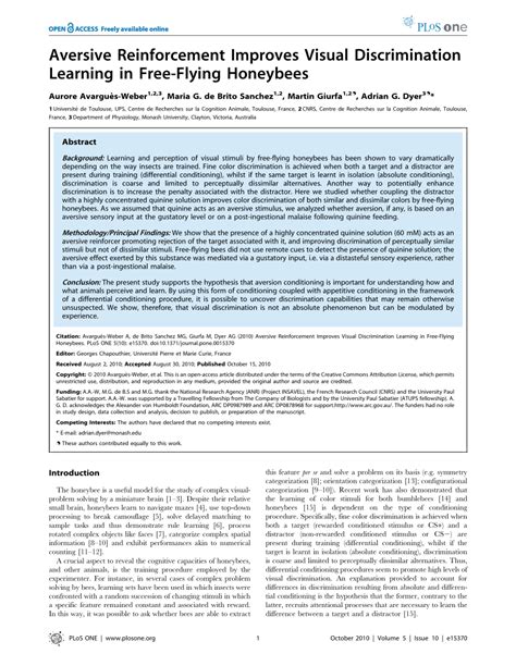 Pdf Aversive Reinforcement Improves Visual Discrimination Learning In Free Flying Honeybees