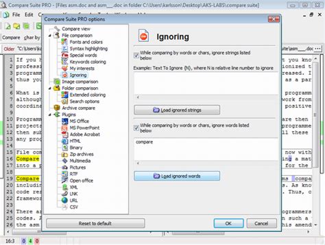 words ignore in by keywords comparison compare suite