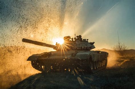 A Dynamic Image Featuring A Military Tank In Action Skillfully Combined With An Overlay Of Sun