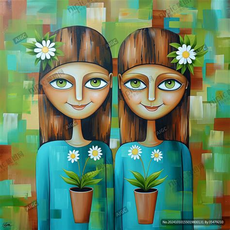 Ai创作图双胞胎姑娘 双面女性 孪生儿之一 双子座插画 卡通人物现代油画 花卉女孩头像 情侣装饰画 女孩卡通头像创意设计 植物美女手绘装饰画 卡通人物油画 女孩无框画 卡通女孩头像创意设计