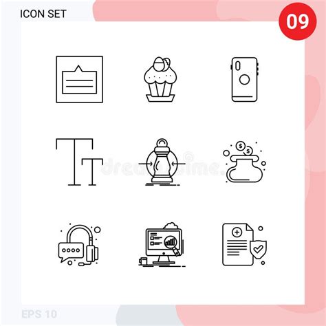 Group Of 9 Outlines Signs And Symbols For Text Big Food Camera Mobile Stock Vector
