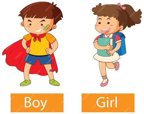 흰색 배경에 소년과 소녀와 반대 형용사 단어 무료 벡터
