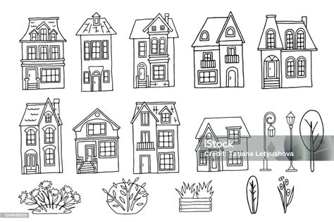 지붕 창과 문이있는 집 세트 투명 한 배경에 손으로 그린 벡터 그림입니다 엽서 직물 전단지 웹 사이트 디자인 인쇄용 디자인 집에 대한 스톡 벡터 아트 및 기타 이미지