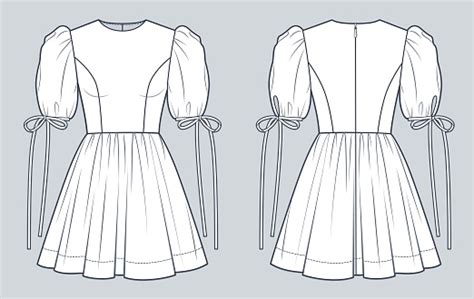 퍼프 슬리브 드레스 테크니컬 패션 일러스트레이션 미니 드레스 패션 플랫 기술 도면 템플릿 라운드 넥 지퍼업 넥타이 소매 앞면과 뒷면보기 흰색 여성 Cad 모형 0명에 대한