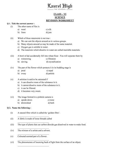 Fillable Online Laurelhigh Science Worksheet Class 6 Fax Email Print