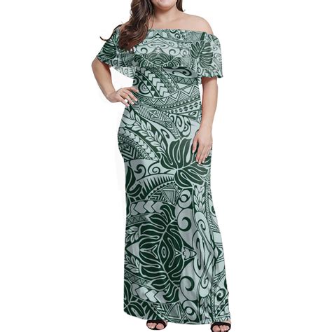 Polynesia Off Shoulder Tribal Polynesian Pattern Leaf Green