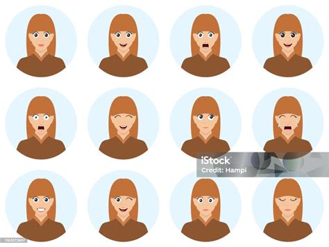 다른 감정과 여자 아바타 세트 벡터 일러스트 많은 얼굴 표정으로 아름 다운 젊은 갈색 머리 여자 초상화입니다 흰색 배경에 격리된 벡터 그림입니다 감정에 대한 스톡 벡터 아트