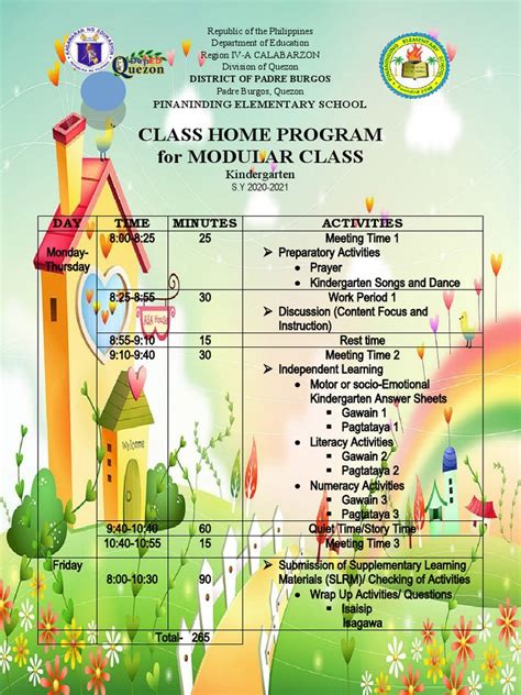 Class Home Program For Modular Class Day Time Minutes Activities Pdf