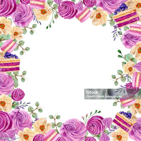 컵케이크 마카롱 꽃이 있는 수채화 베이커리 스퀘어 화환 로고 분홍색 색상의 수채화 베이킹 일러스트레이션 흰색 배경의 격리된 요소입니다 고립 색상에 대한 스톡 벡터 아트 및