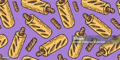 라벨 또는 배너를 위한 프렌치 핫도그가 있는 매끄러운 패턴 패스트 푸드를위한 케첩과 겨자를 곁들인 롤빵에 소시지 길거리 음식의 디자인을 위한 벡터 핫도그 가공육에 대한 스톡