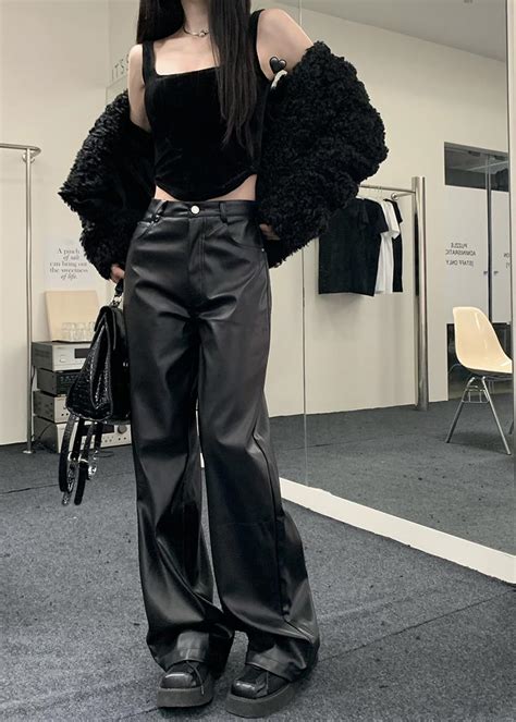 폴시띠아 2color 가을 하이웨스트 레더 롱 와이드팬츠 캐주얼 복고 학생룩 S~l까지 빅사이즈 가죽바지 인조가죽 포켓 힙한