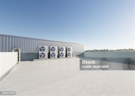 산업 플랜트 공장의 옥상에 있는 응축기 장치 또는 압축기의 3d 렌더링 Ac 또는 에어컨 Hvac 또는 난방 환기 및 에어컨