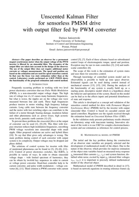 Pdf Unscented Kalman Filter For Sensorless Pmsm Drive With Output Filter Fed By Pwm Converter