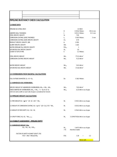 Buoyancy Calculation Example Pdf Pipe Fluid Conveyance Industrial Processes