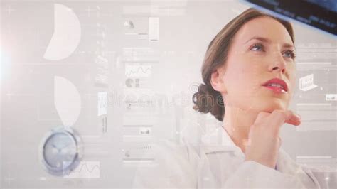 analyzing data with digital graphs overlay woman in lab coat in school