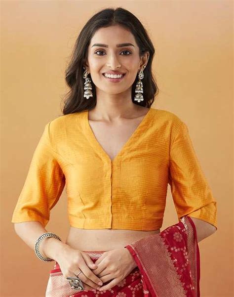 Buy Mustard Cotton Silk Blend Woven Stitched Blouse For Women Online At
