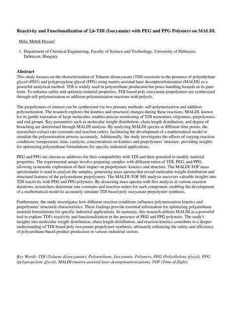 Pdf Reactivity And Functionalization Of 2 6 Tdi Isocyanate With Peg And Ppg Polymers On Maldi