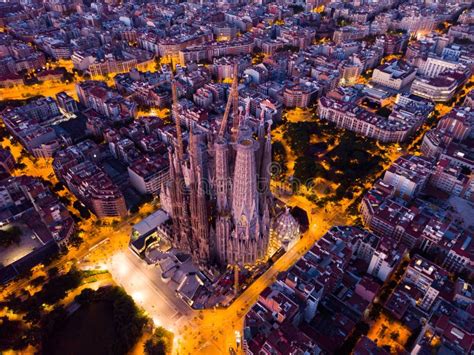 Aerial Panorama View Of Barcelona City Skyline And Sagrada Familia At