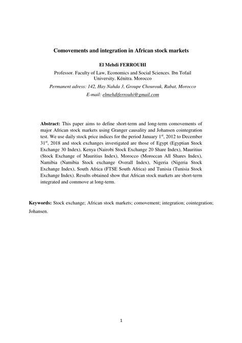 Pdf Comovements And Integration In African Stock Markets