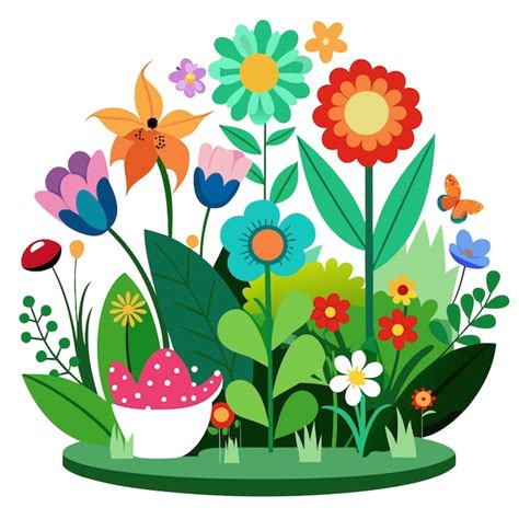 꽃 정원 클리파트 만화 스타일 터 일러스트레이션 프리미엄 Ai 생성 벡터