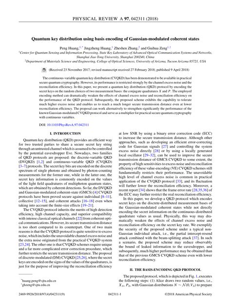 Pdf Quantum Key Distribution Using Basis Encoding Of Gaussian Modulated Coherent States