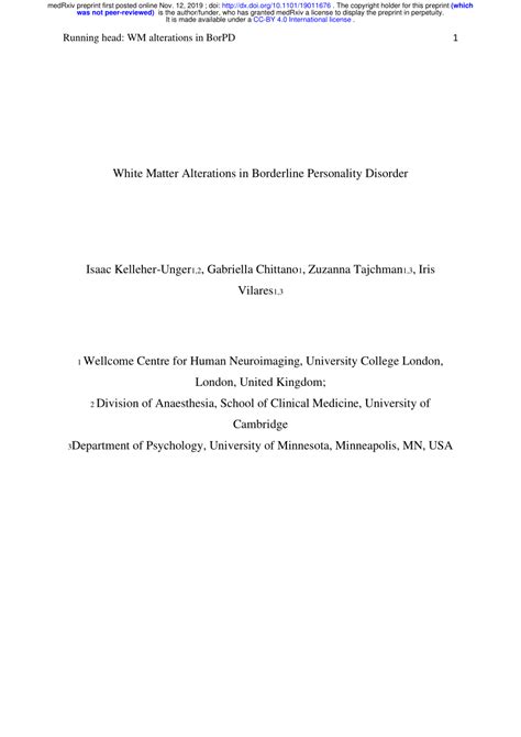 Pdf White Matter Alterations In Borderline Personality Disorder