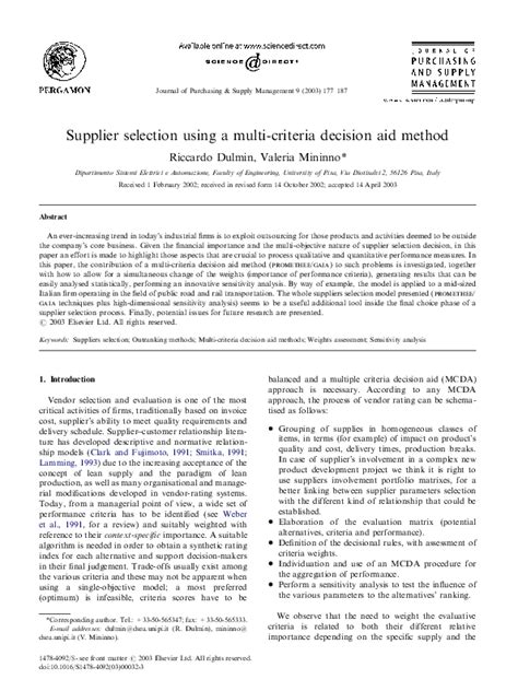Pdf Supplier Selection Using A Multi Criteria Decision Aid Method Riccardo Dulmin