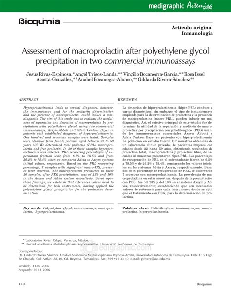 Pdf Assessment Of Macroprolactin After Polyethylene Glycol Precipitation In Two Commercial