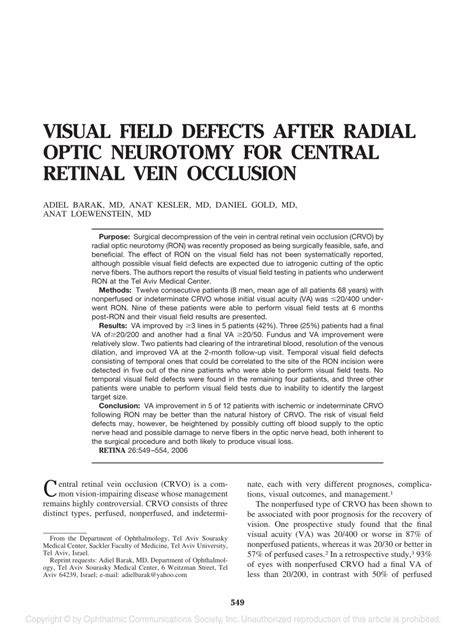 Pdf Visual Field Defect After Radial Optic Neurotomy For Central Retinal Vein Occlusion