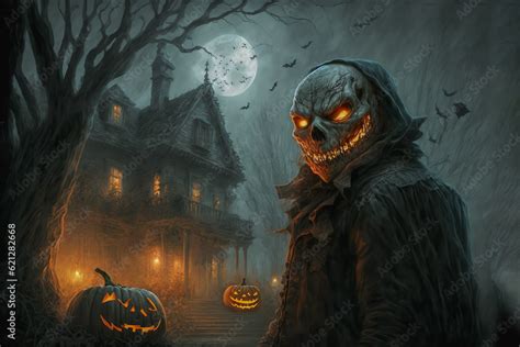 Creepy Halloween Monster Standing In Front Of A Haunted House Bats Are