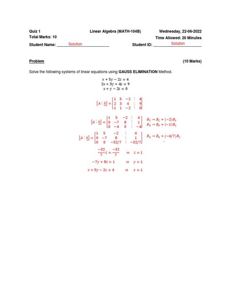 Quiz 1 Solution Pdf Equations System Of Linear Equations