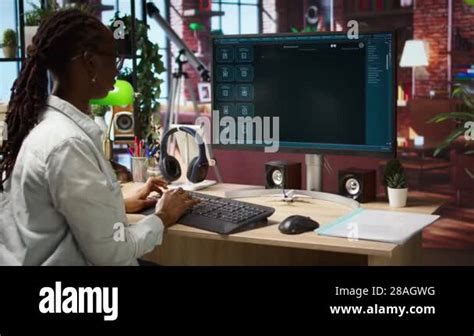 Woman Seated At Desk Using Ai Llm Chatbot Software In Modern Urban Home Office Person