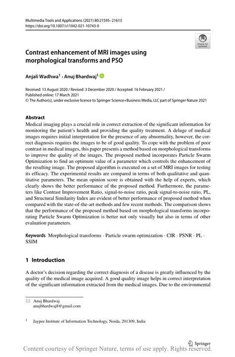Contrast Enhancement Of Mri Images Using Morphological Transforms And Pso Request Pdf
