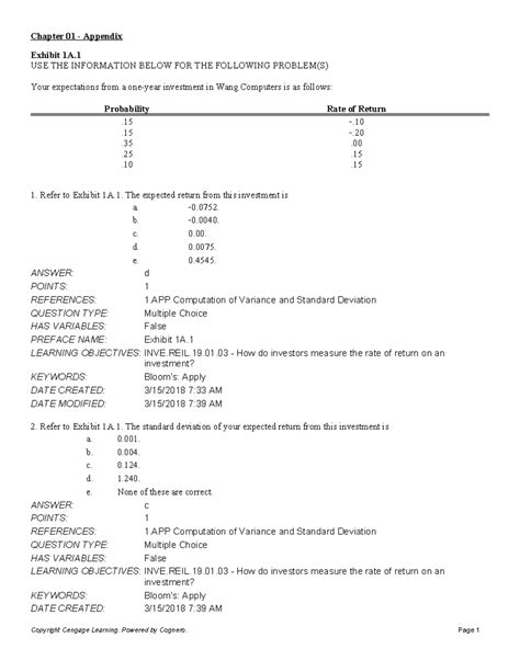 Chapter 01 Appendix Investment Analysis Chapter 01 Appendix Exhibit 1a Use The