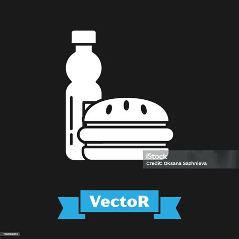 검은 색 배경에 고립 된 물과 햄버거 아이콘의 흰색 병 소다 아쿠아 음료 표지판 햄버거 치즈 버거 샌드위치 패스트 푸드 메뉴 벡터 일러스트레이션 건강한 식생활에 대한 스톡