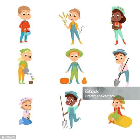 귀여운 소년과 소녀 농장 세트에 작업 원예 도구 만화 스타일 벡터 일러스트와 바지에 작은 아이 농부 캐릭터 꽃 식물에 대한 스톡 벡터 아트 및 기타 이미지 Istock