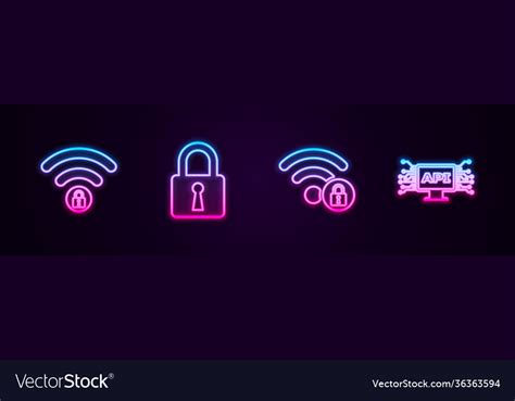 Set Line Wifi Locked Lock And Computer Api Vector Image