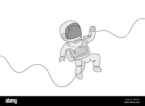 One Single Line Drawing Of Young Astronaut In Spacesuit Flying At Outer